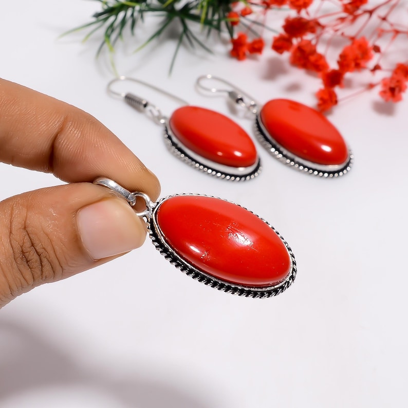 Red Coral Jewelry Set: Oxidized Sterling Silver Earrings & Pendant - Etsy