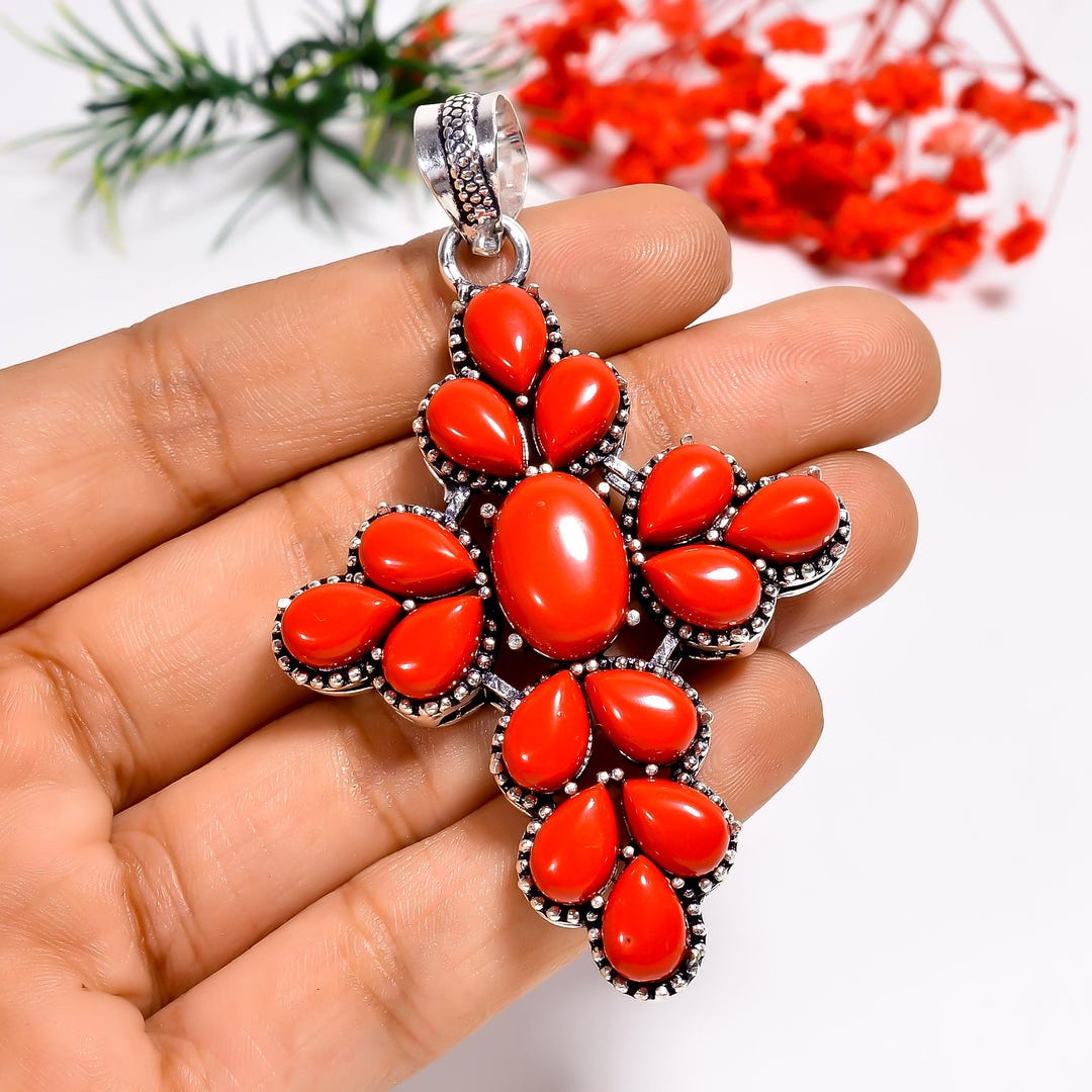 Red Coral Cross Pendant • Multi-stone Coral Necklace • Sterling Silver ...