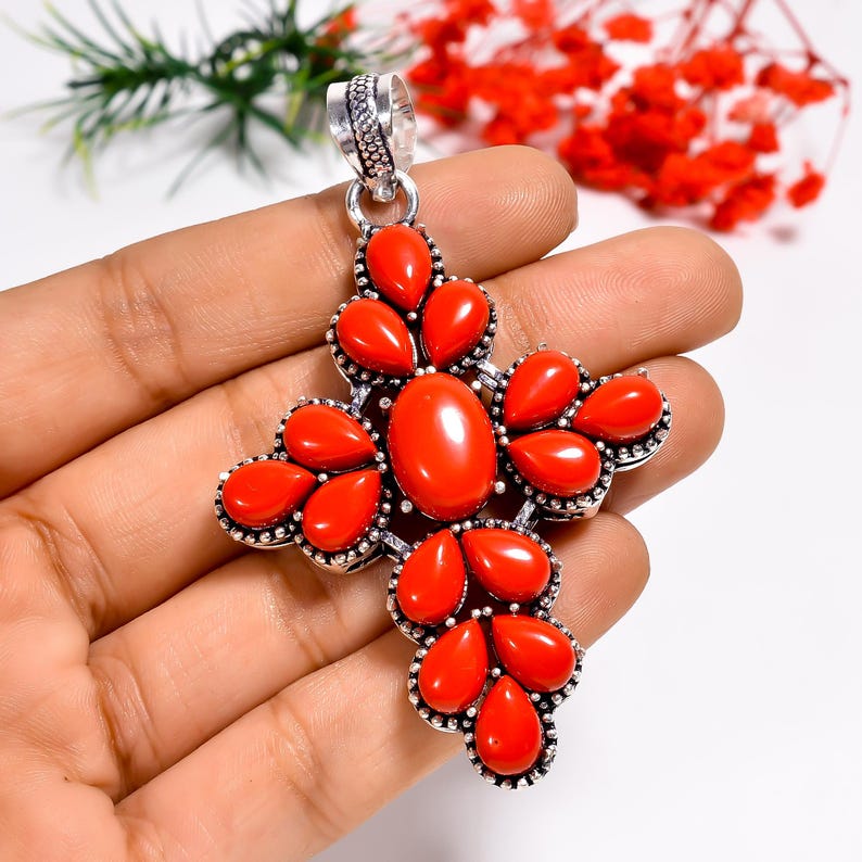 Red Coral Cross Pendant • Multi-stone Coral Necklace • Sterling Silver ...