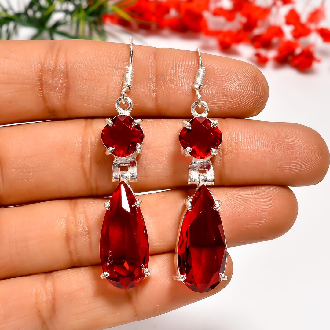 Garnet Earrings • Red Garnet Drop Earrings • Sterling Silver Dangle ...
