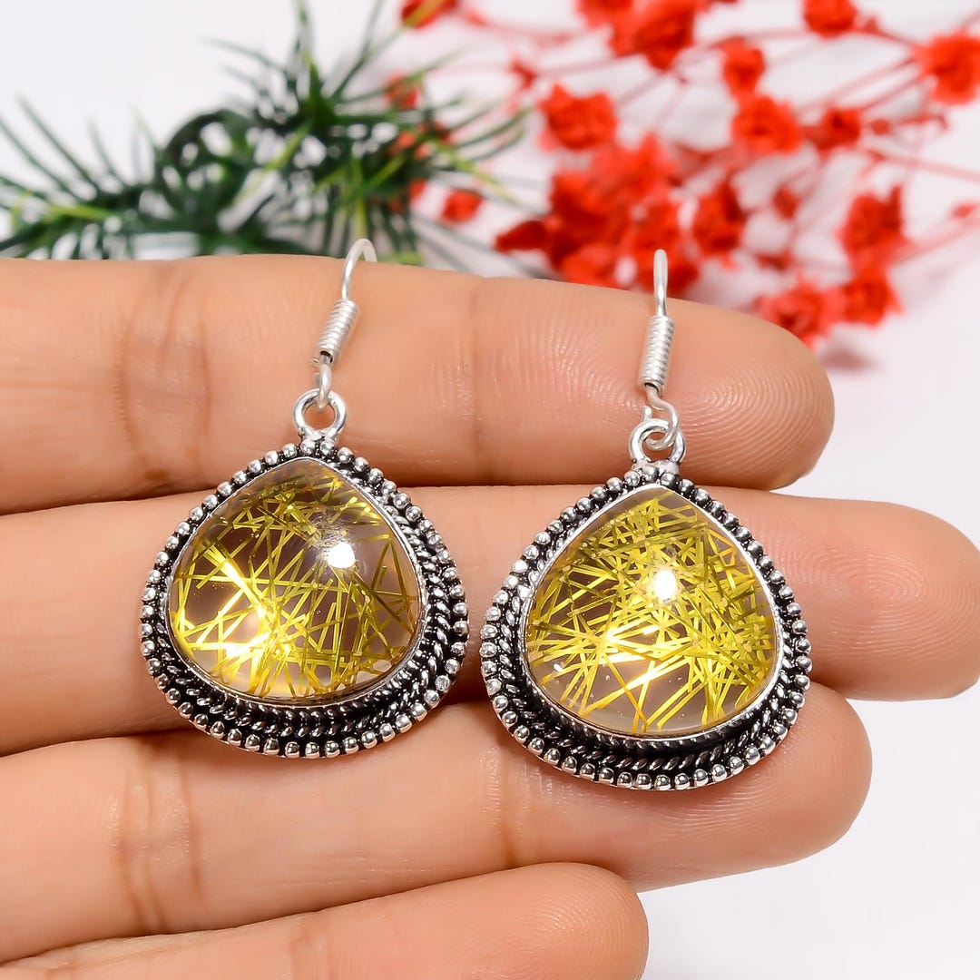 Golden Rutile Quartz Oxidized Sterling Silver Earrings: Handmade ...