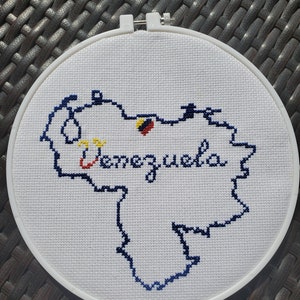 Cross Stitched Venezuela Map - Hoop Art - Finished Cross Stitch Art ...