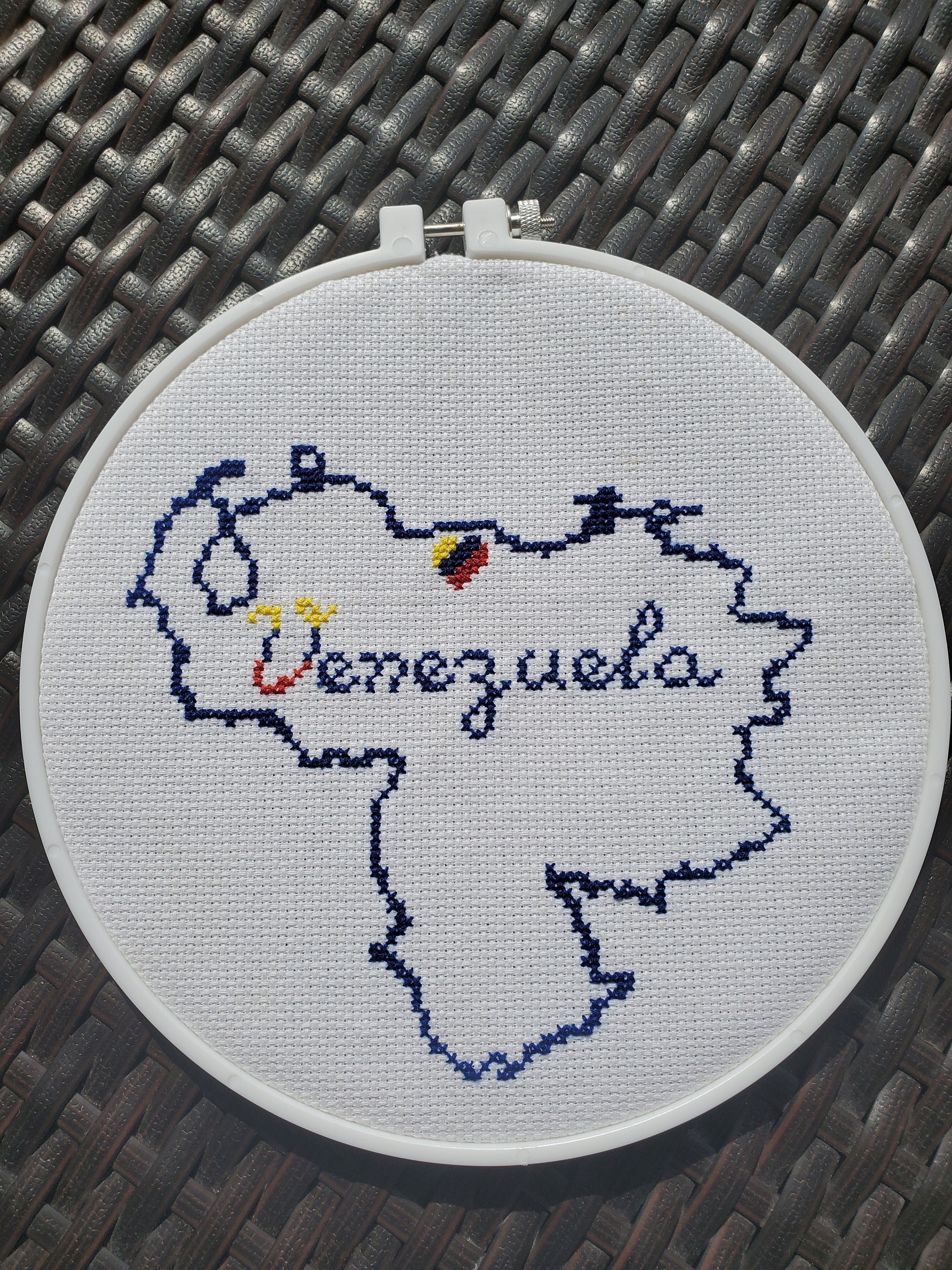 Cross Stitched Venezuela Map - Hoop Art - Finished Cross Stitch Art ...