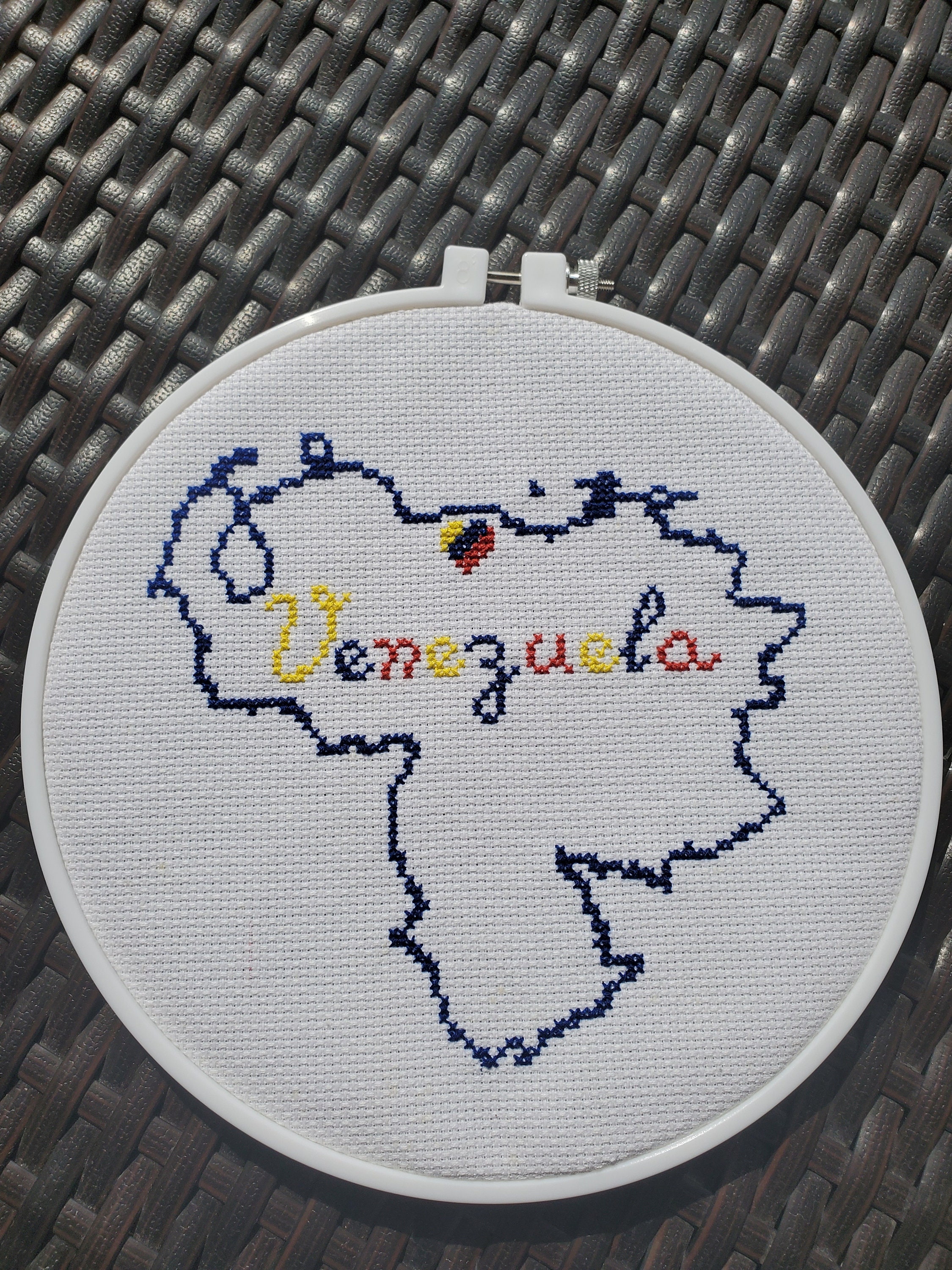Cross Stitched Venezuela Map - Hoop Art - Finished Cross Stitch Art ...