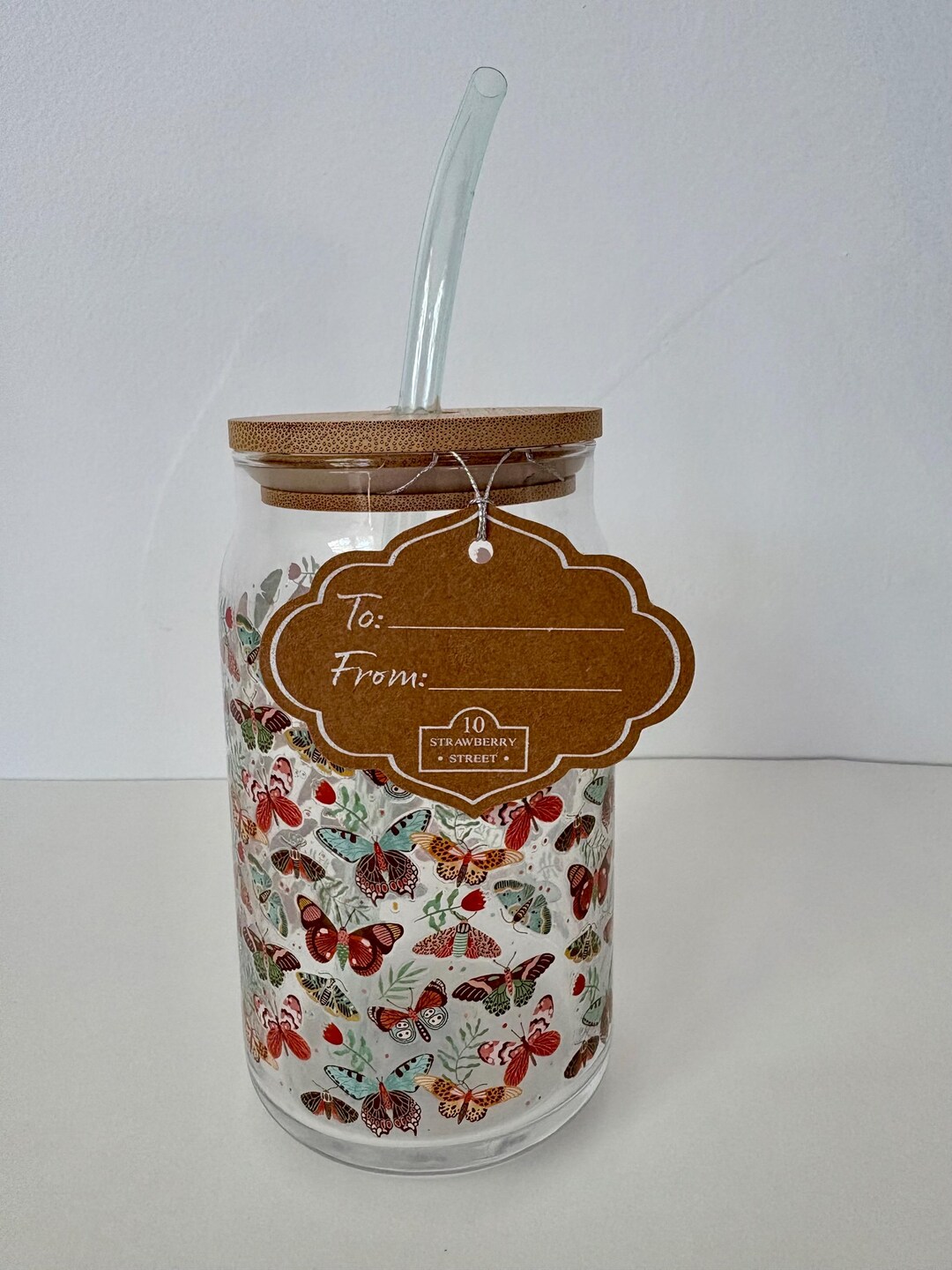 10 Strawberry Street 15 Oz Glass Tumbler With Wooden Lid and Straw ...