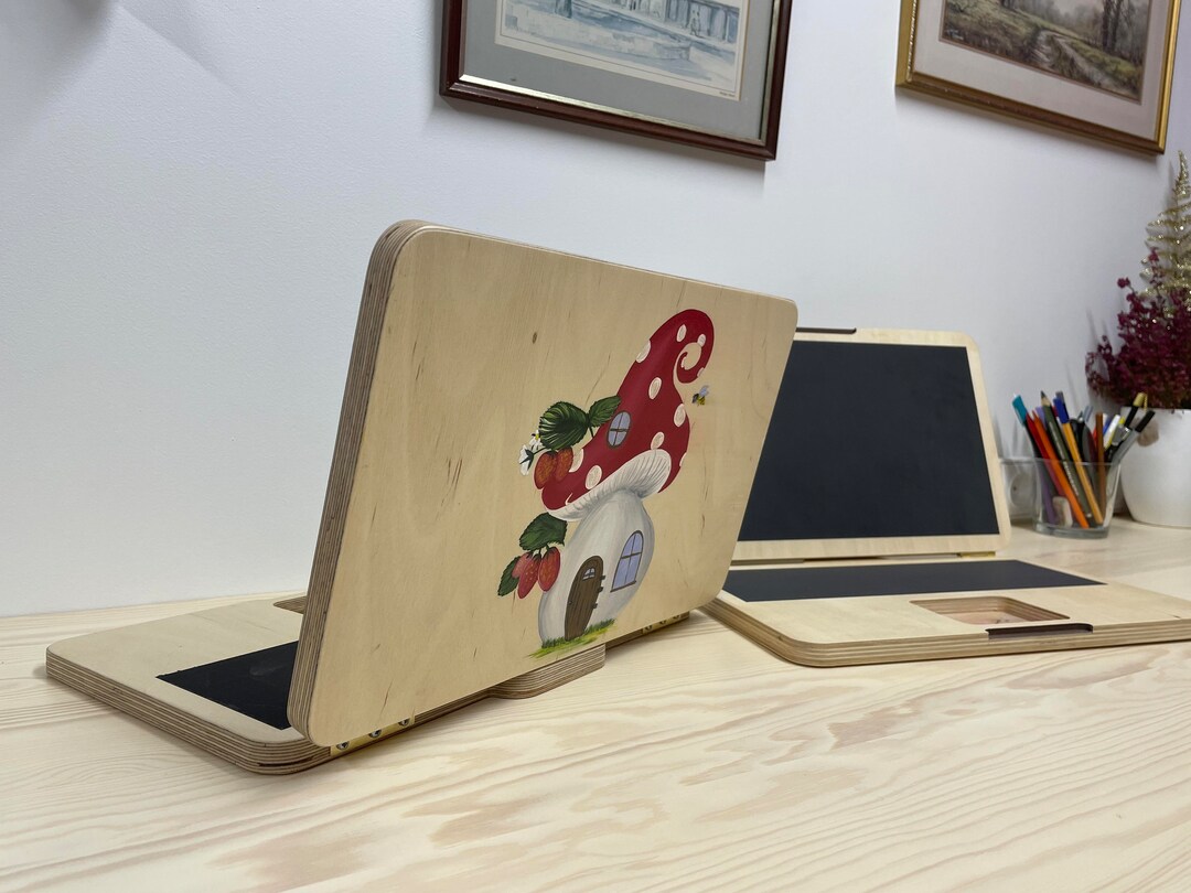 Custom Childrens Wooden Laptop Toy With Blackboard Chalkboard Play ...