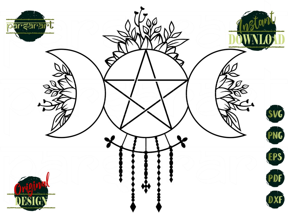 Boho Triple Moon SVG Pentagram SVG Goddess Wicca Clipart Celestial ...