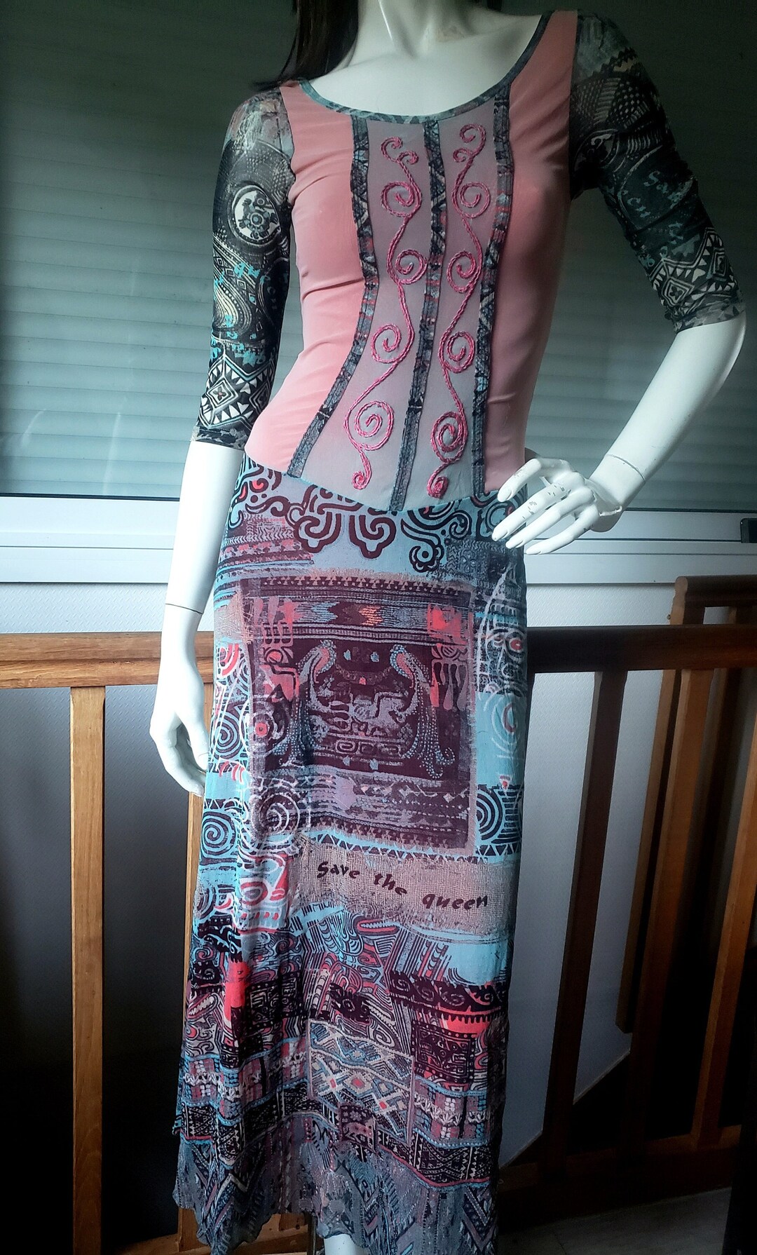 Save the Queen Long Vintage Dress in Polyamide Mesh With Tribal Corset ...