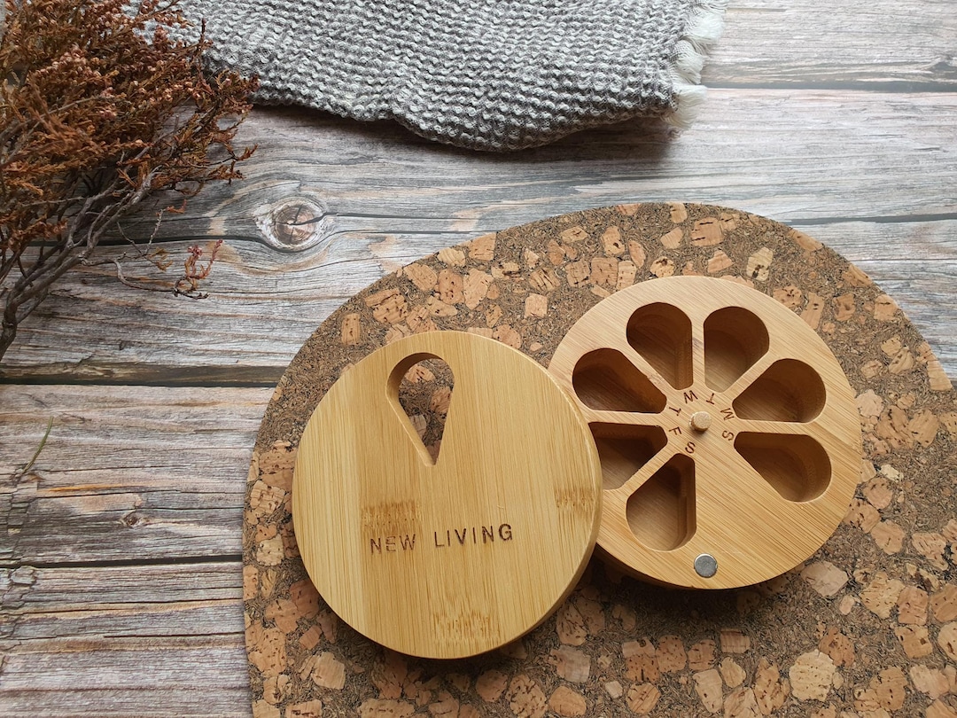 Bamboo Pill Box, Eco Pill Organiser, 11x11x3cm 7 Day Pill Box, Tablet ...