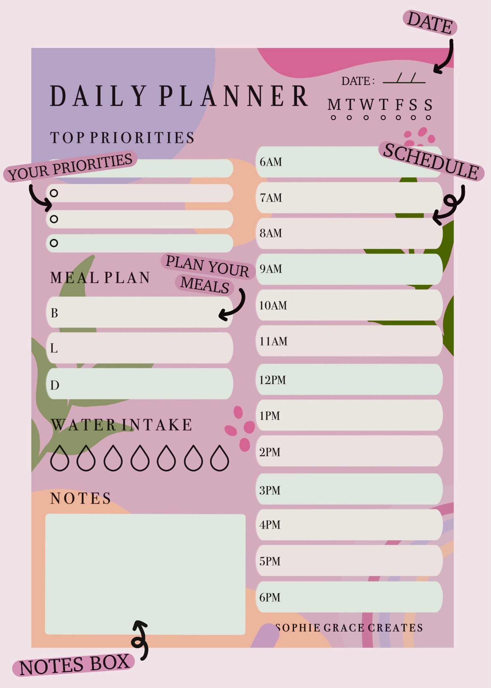 Sunset Boho Daily Planner, Daily Planner Printable, Planner Template ...