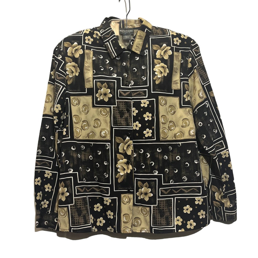 Vintage Notations Dress Shirt Womens Size Large Black Tan Floral Long ...