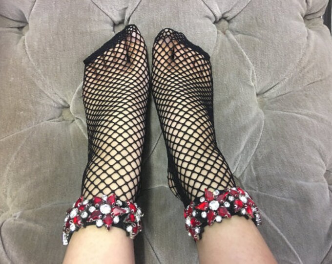 Black Embellished Flower Floral Fishnet Ankle Socks Beaded Jewel ...