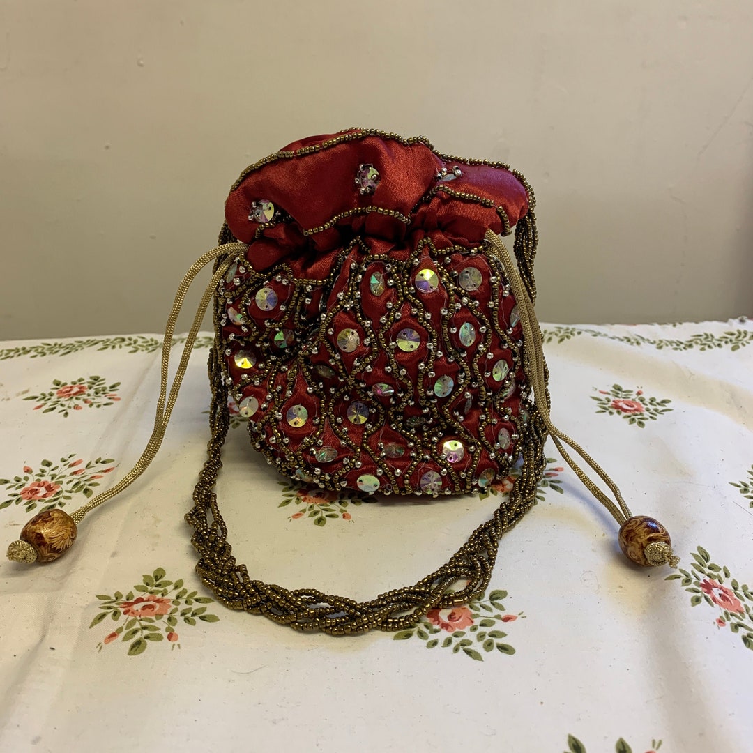 Embellished Red Bucket Bag With Drawstring and Embellished Handle Haute ...
