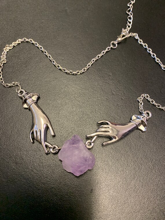 Crystal Necklace Silver Hand Held Palm Purple Crystal Hand - Etsy