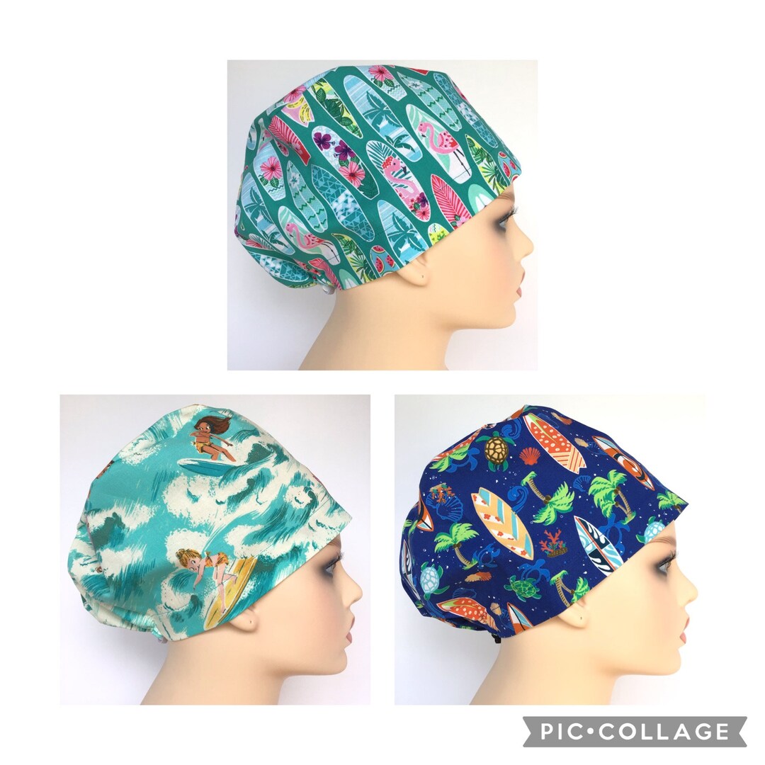 Surfing Safari Woman’s Scrub Cap/euro Scrub Cap/surgical Hat/vet Chemo ...