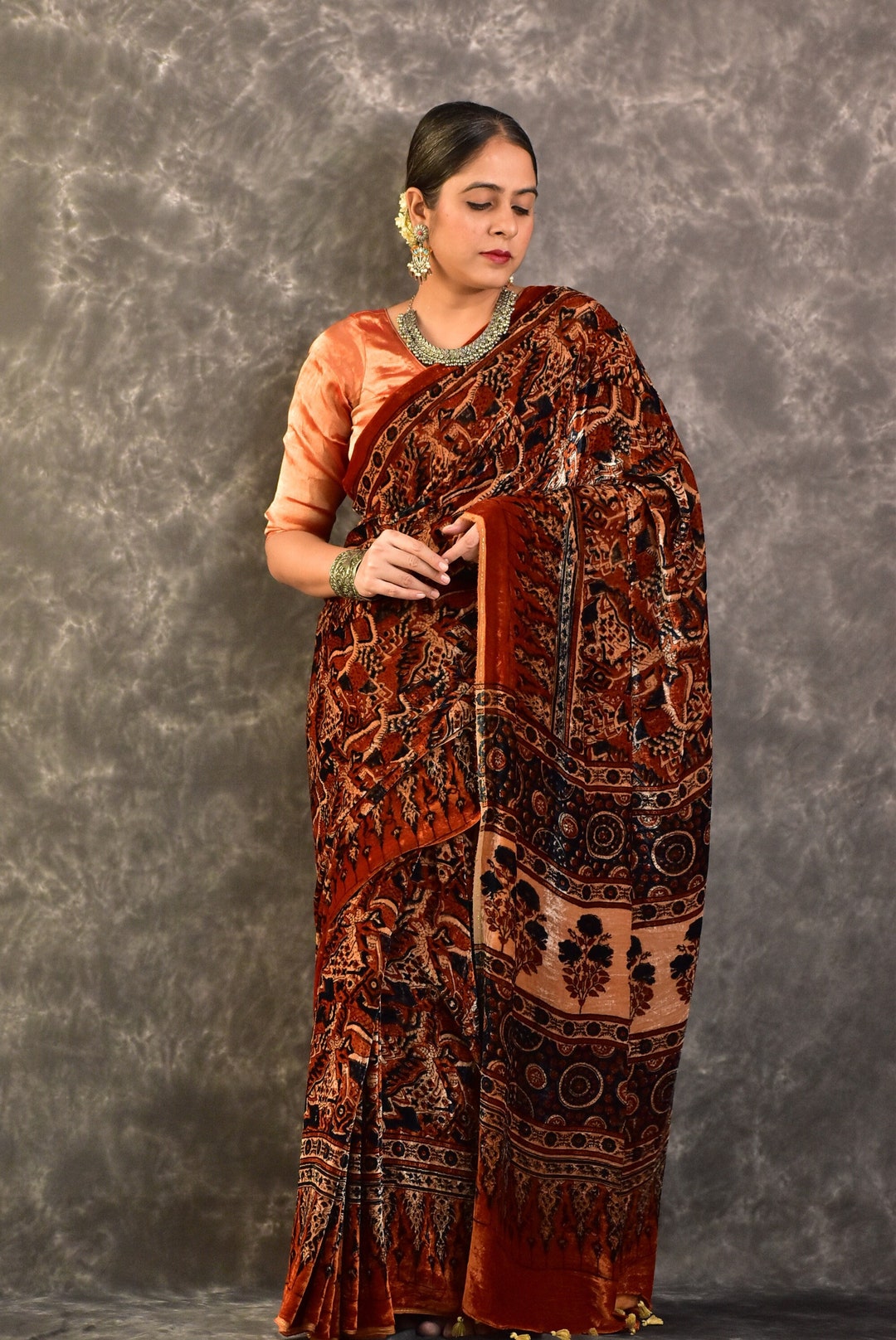Suman Ajrakh Silk Velvet Saree - Etsy