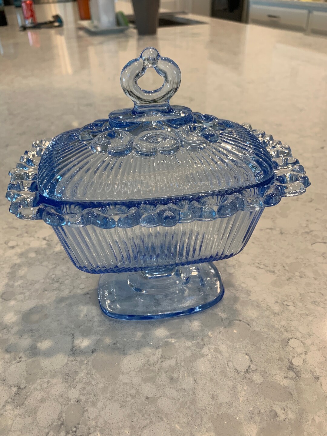 Vintage Indiana Glass Blue Lidded Candy Dish, 1960’s, Laced Edging ...
