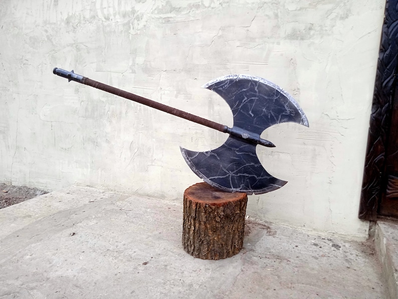 Large Double-bladed Axe With Leather Handle Wrapping - Etsy