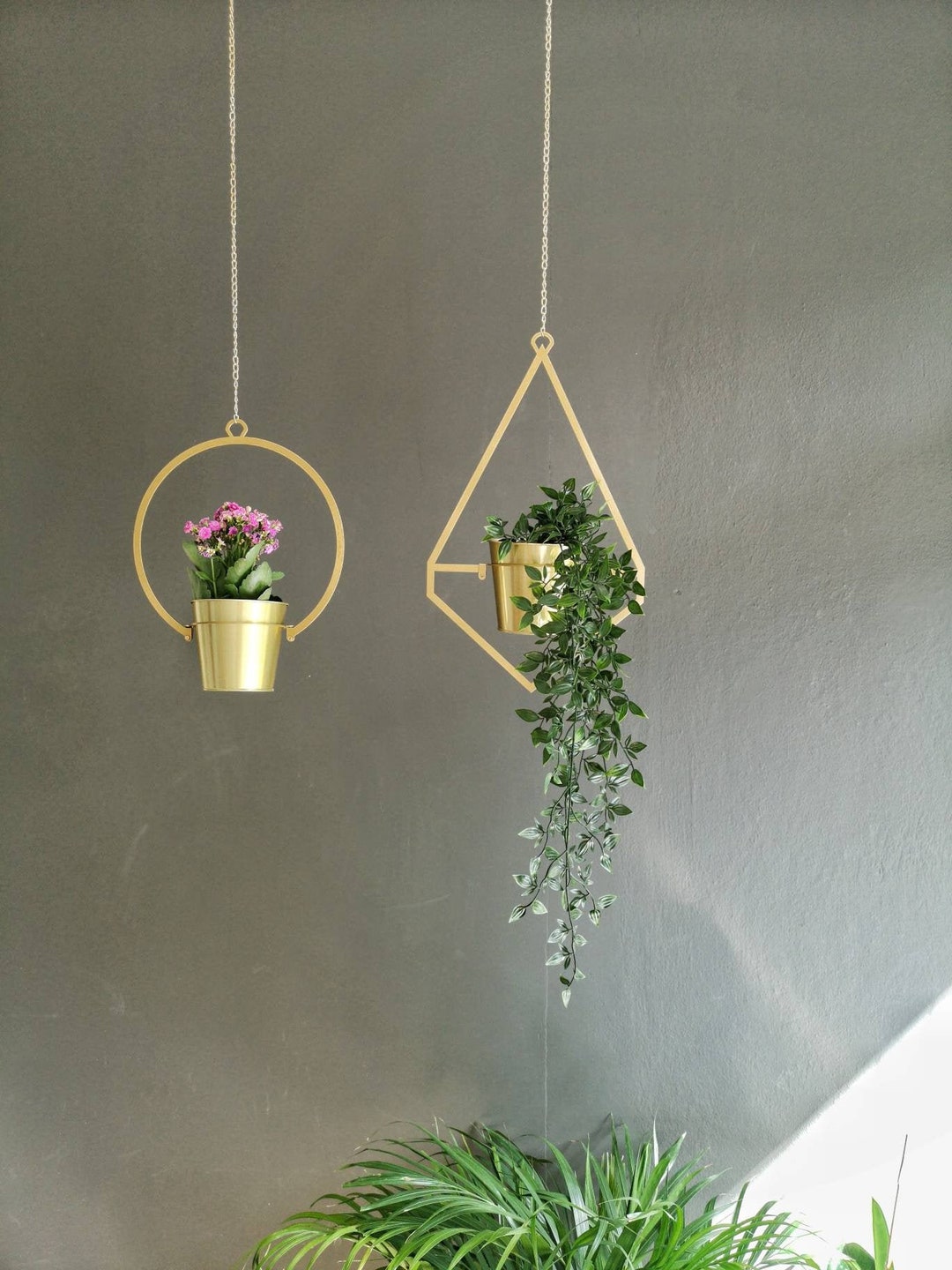 Gold Metal Planter Set, Geometric Hanging Planter, Mid-century Pot ...