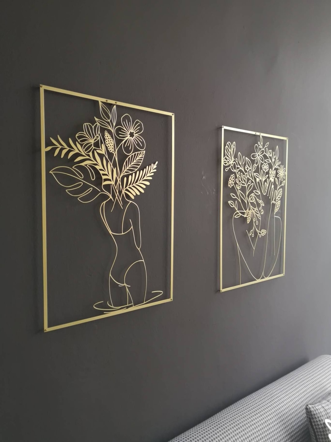 Gold Metal Wall Art Set, Framed Woman Body Art, Flower Women Body Wall ...