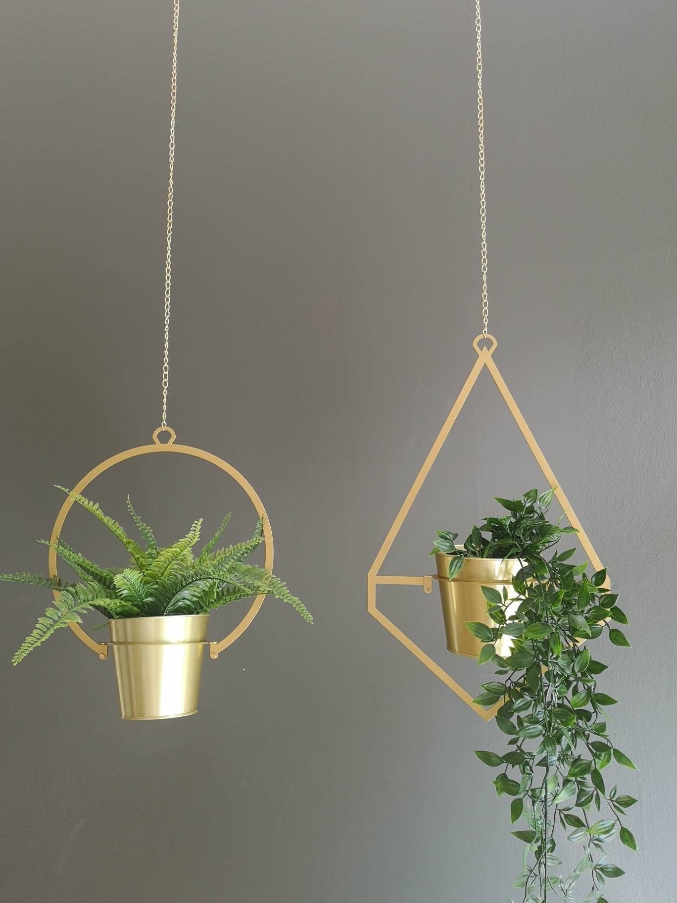 Gold Metal Planter Set, Geometric Hanging Planter, Mid-century Pot ...