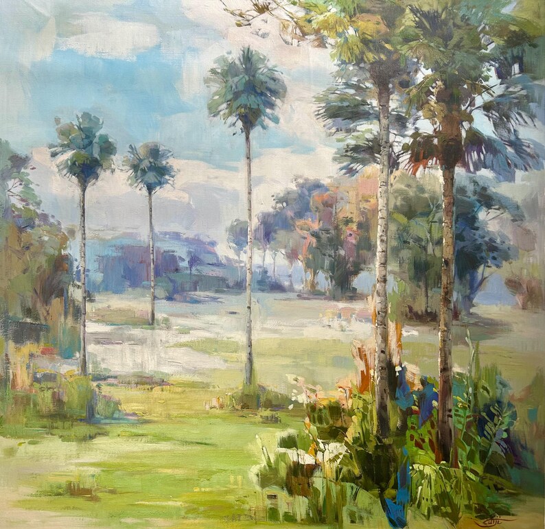 Original Acrylic Palm Trees Landscape Painting, 48x48 Canvas Wall Art ...