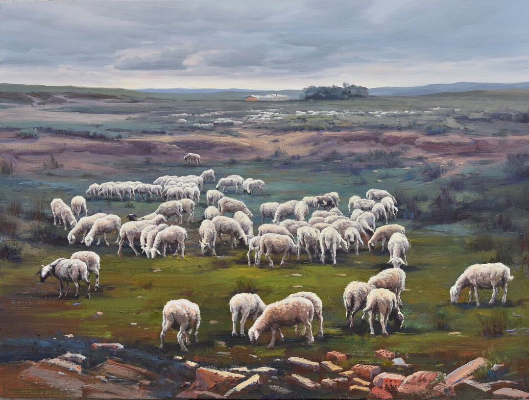 Original Oil Painting Landscape, Sheep Painting on the Grassland, Oil ...