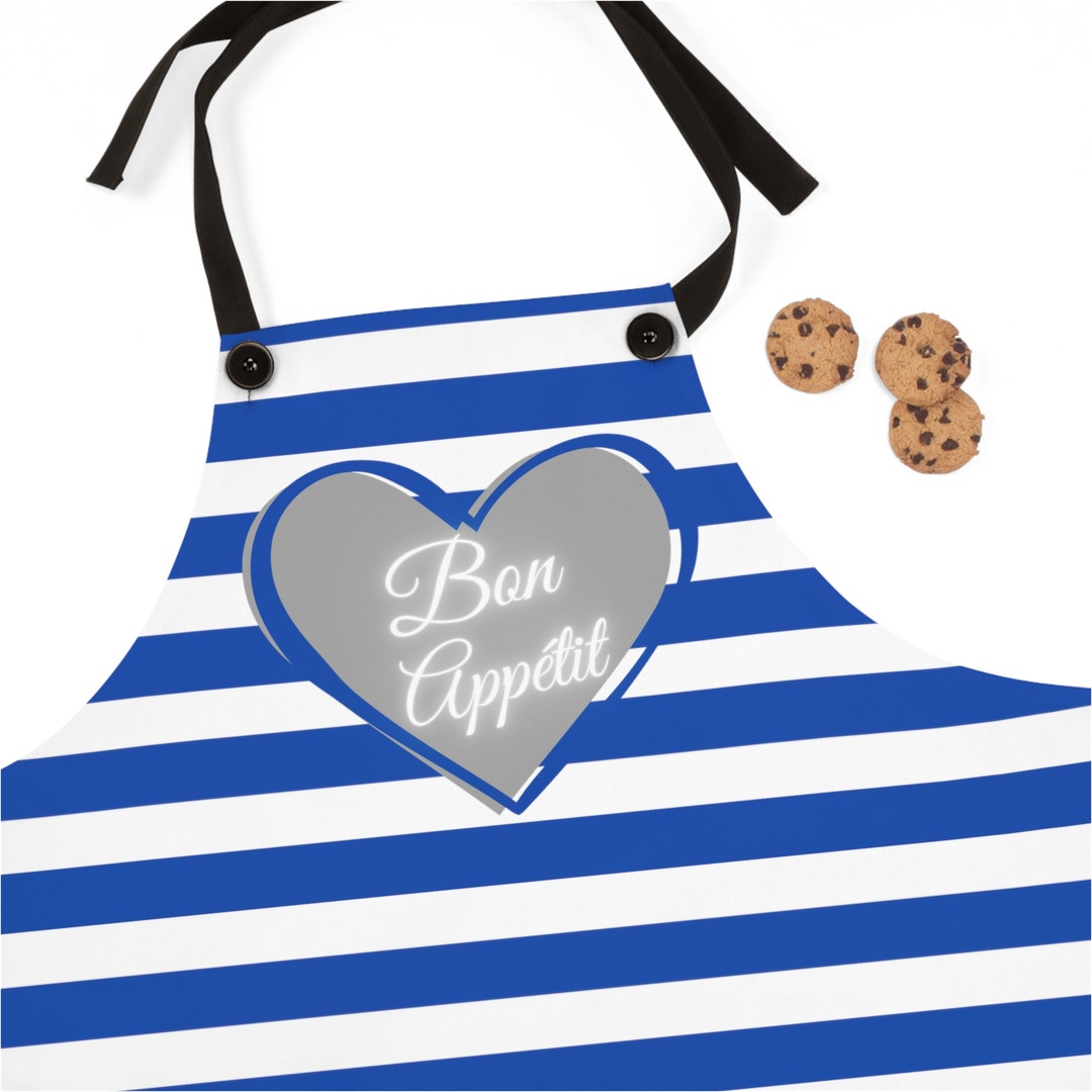French Inspired Apron Classic Striped Blue and White Bon Appétit Heart ...