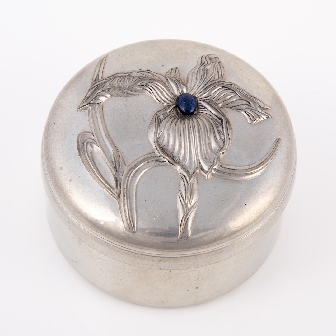 Pewter Iris Box, Blue Velvet Interior, Lapis Stone on Lid - Etsy