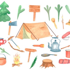 Watercolor Camping Clipart PNG Bundle - Tent Illustrations - Digital ...