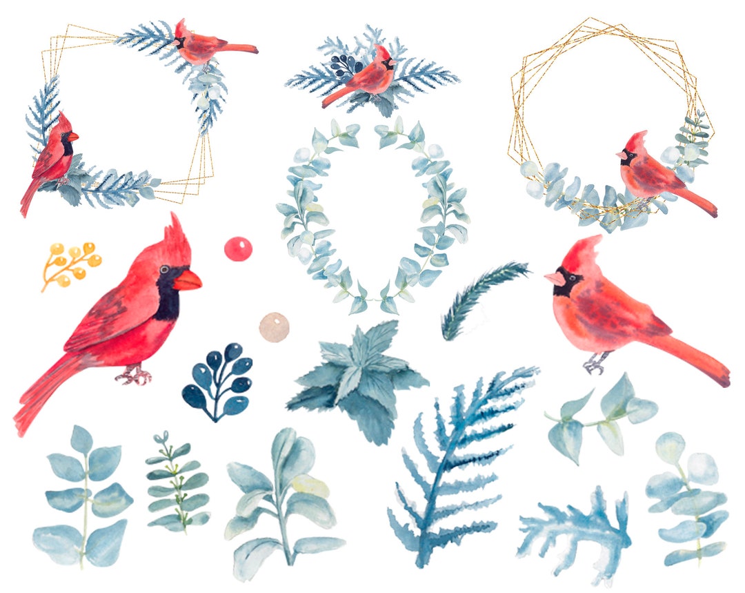 Red Cardinal and Blue Flowers Clipart, Wreath Eucalyptus Leaves Plant ...