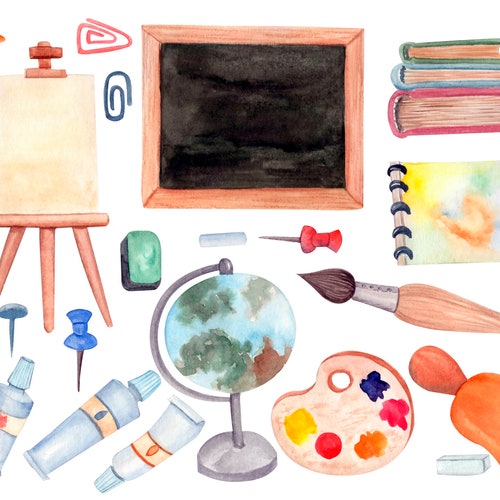 Back to School Watercolor Clip Art School Clipart | Etsy