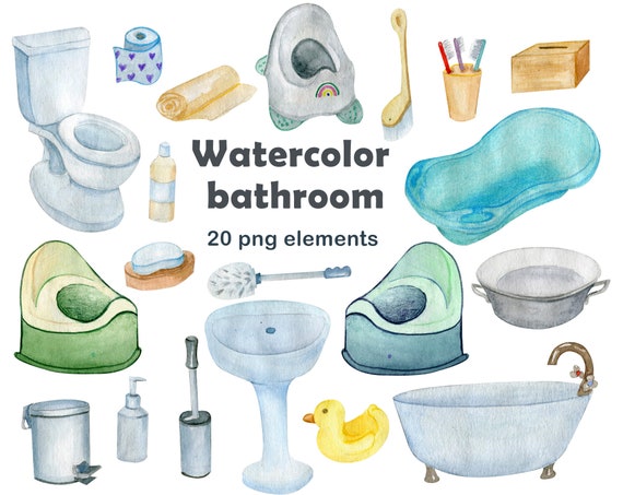 Watercolor Bathroom Clipart Png | Etsy