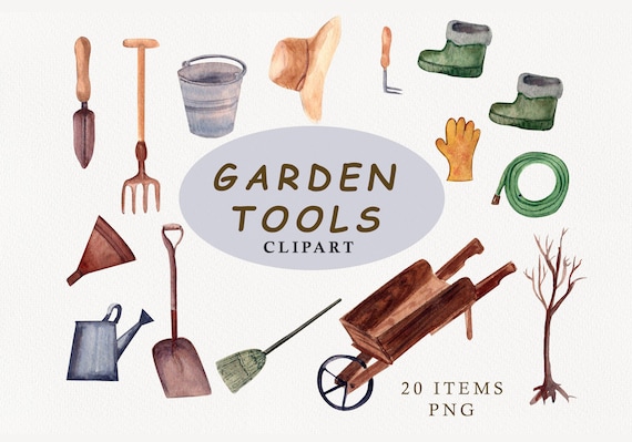 Garden tools watercolor clipart. Digital drawing. Digital | Etsy