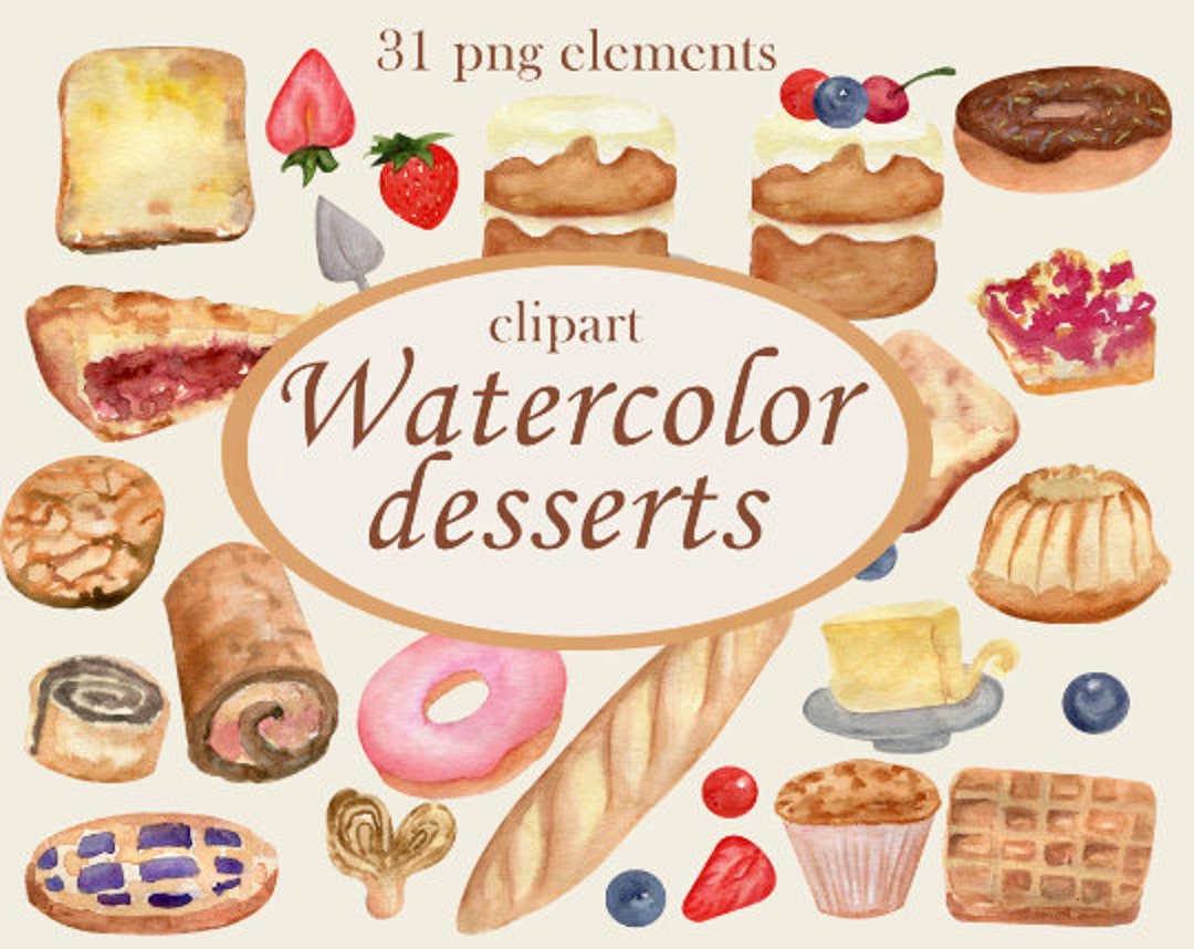 Sweet Watercolor Food Bakery Clipart Set. Cupcake, Pie, Donut - Instant ...