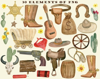 Watercolor Western Clipart, Cowboy Clipart, Wild West Clipart, Country ...