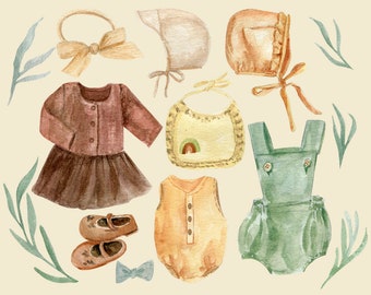 Baby Clothes Clipart Watercolor Girl Dresses Boho Nursery Clip Art Boho ...