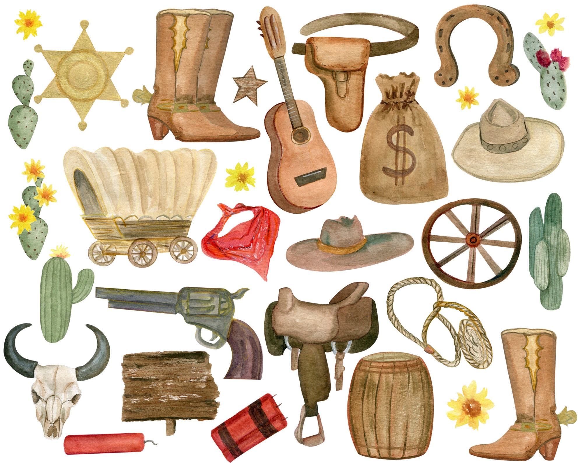 Watercolor Western Clipart, Country Clipart, Bull Skull - Etsy