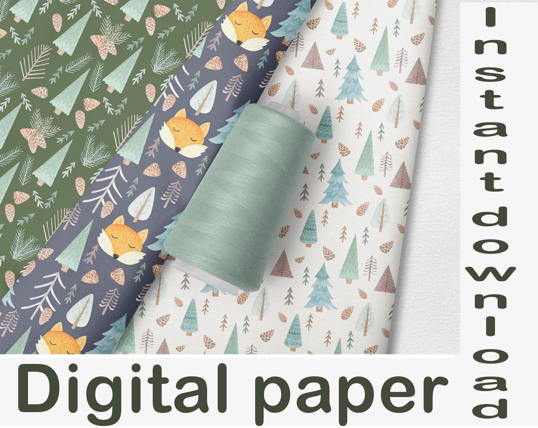 Watercolor Digital Paper, Seamless Pattern, Pine Trees and Fox - Etsy