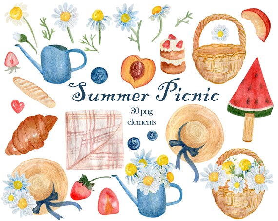 Summer Picnic Clipart Food Clip Art Chamomile Flowers | Etsy