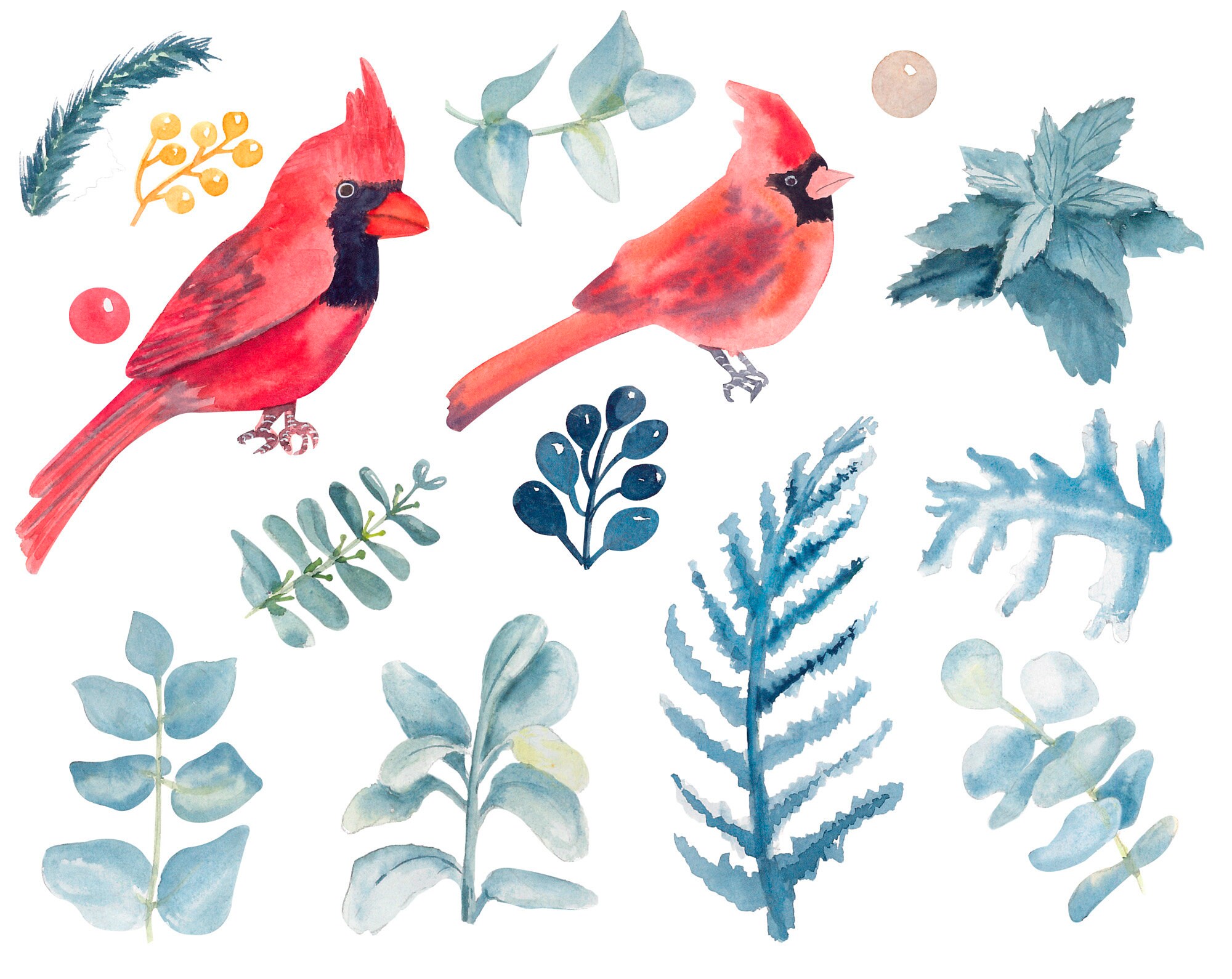 Red Cardinal and Blue Flowers Clipart Wreath Eucalyptus - Etsy