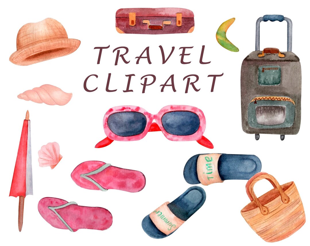 Summer Travel Clipart Set, Watercolor Vacation Graphics, Wanderlust ...