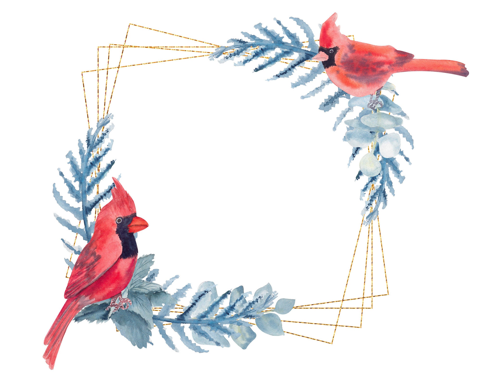 Red Cardinal and Blue Flowers Clipart Wreath Eucalyptus - Etsy