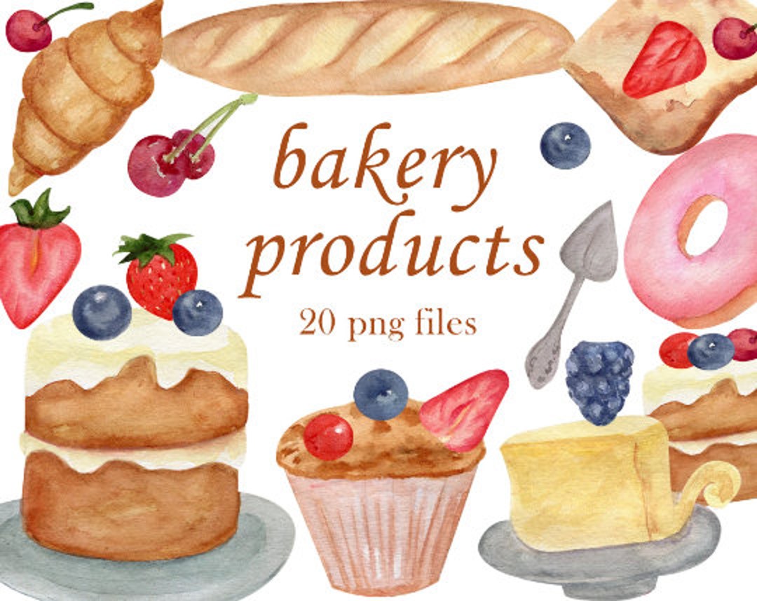 Whimsical Food Clipart - Watercolor Bakery Illustrations, Cupcake PNG ...