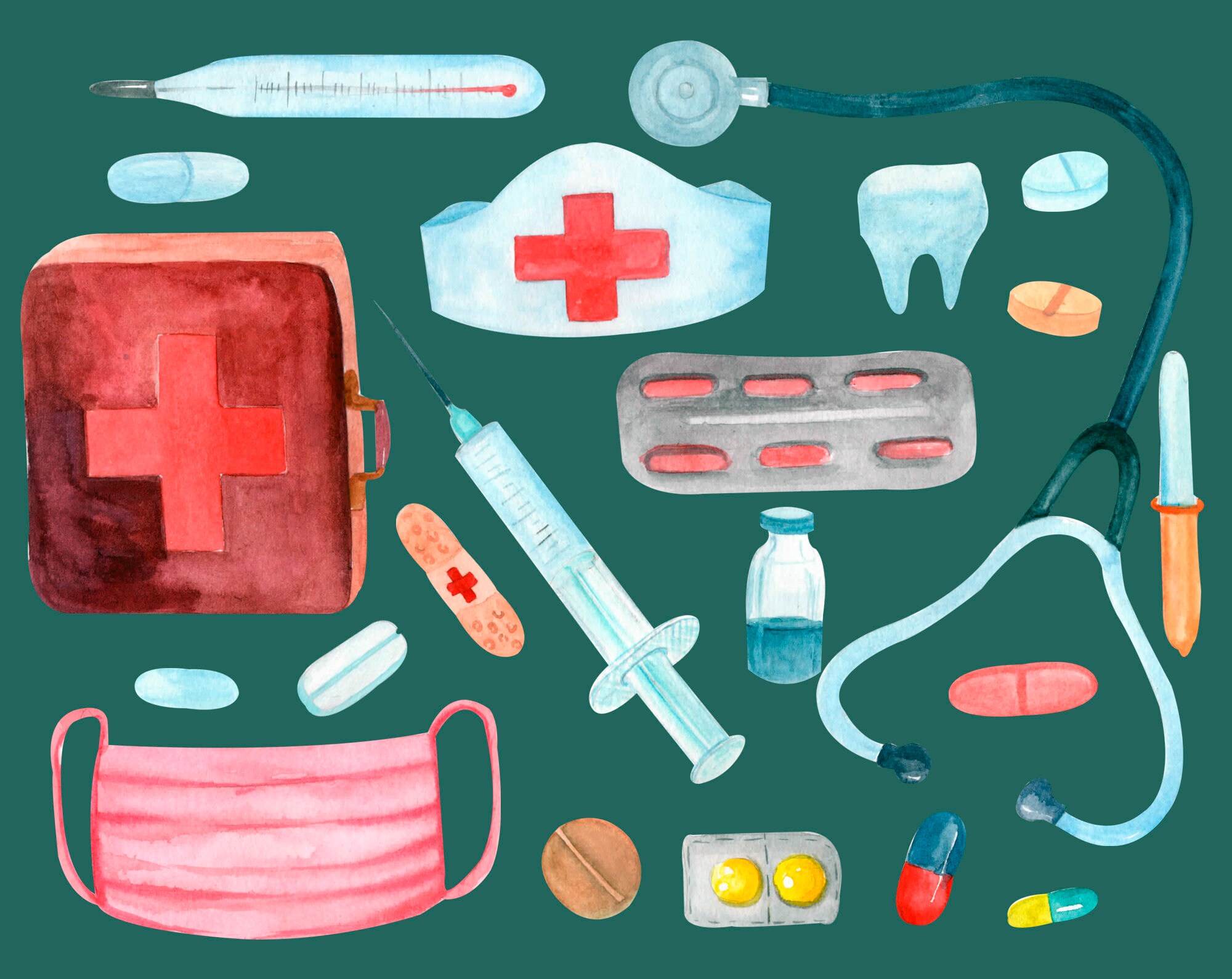 Medical Clipart. Watercolor Nurse Clipart. First Aid Kit | Etsy