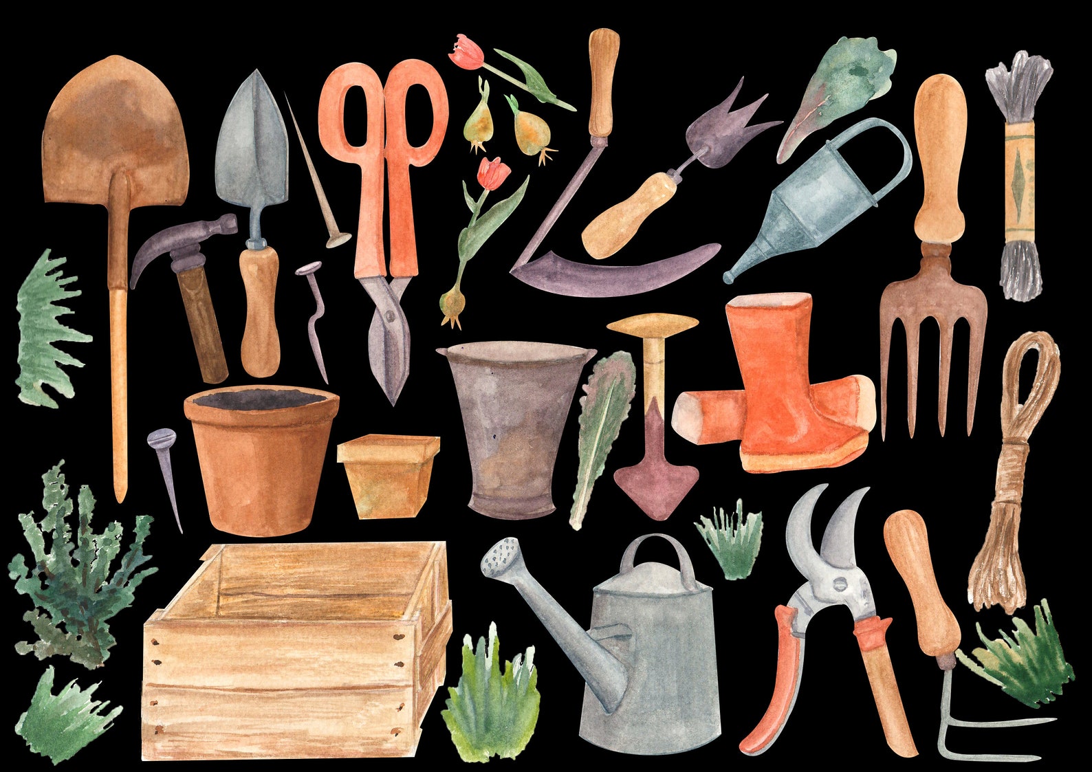 Garden Tools Watercolor Clipart. Watercolor Tools Clip Art. Spring ...