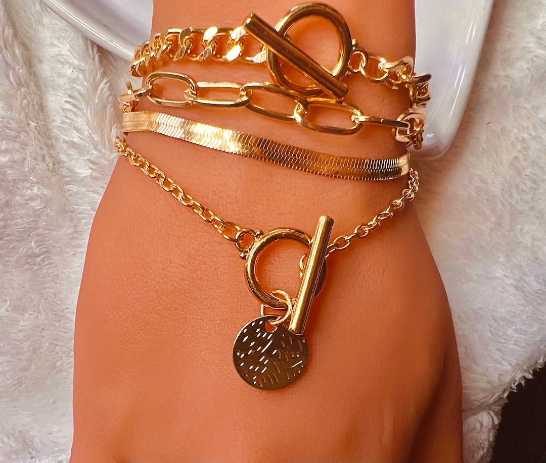 Chic Layered Gold Bracelet Set With Chunky Paperclip, Link, and Snake Designs Stacked Gold ...