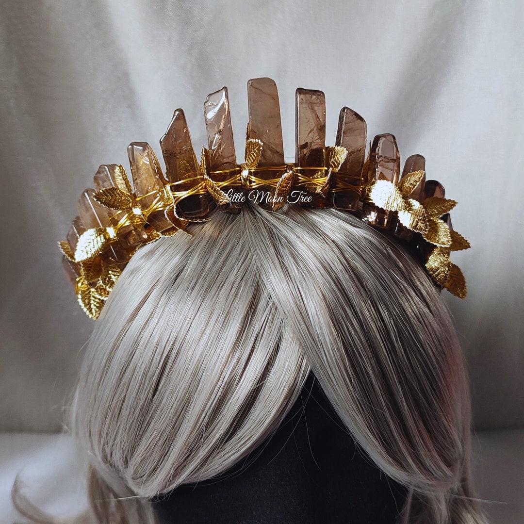 ATHENA Smokey Quartz Crystal Crown With Leaves Gold or Silver Tiara for ...