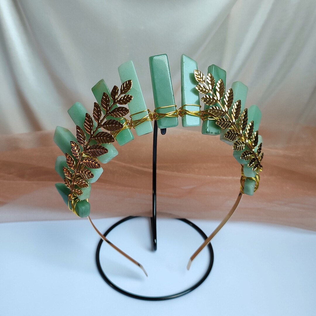 HERA Green Aventurine Crystal Crown With Gold Leaf Branches Tiara for ...