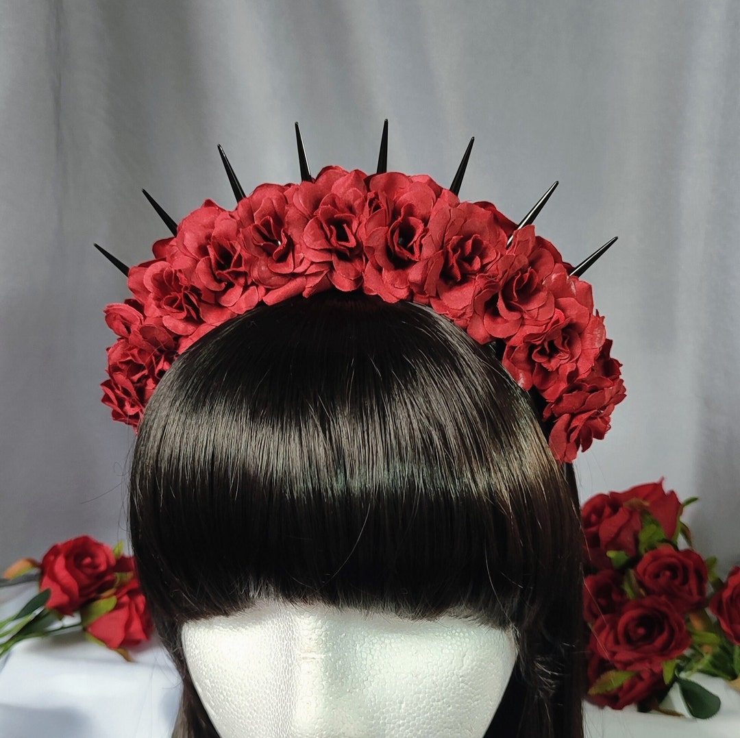 BELLA ROSE Gothic Headband With Black Spikes and Red Flowers Statement ...